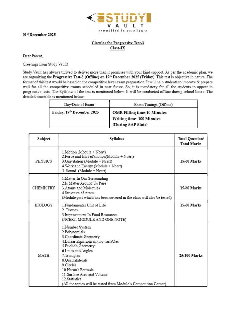 Class IX Progressive Test-3 Details | PDF