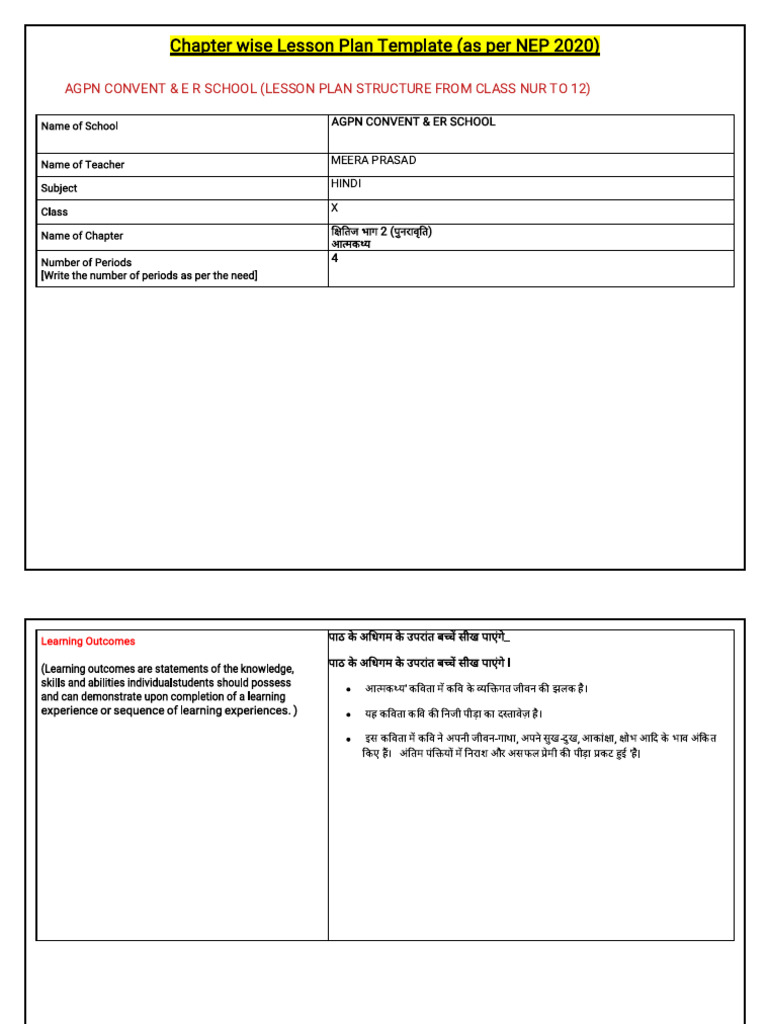 NEP 2020 Hindi Lesson Plan Template | PDF | Pedagogy | Human Communication