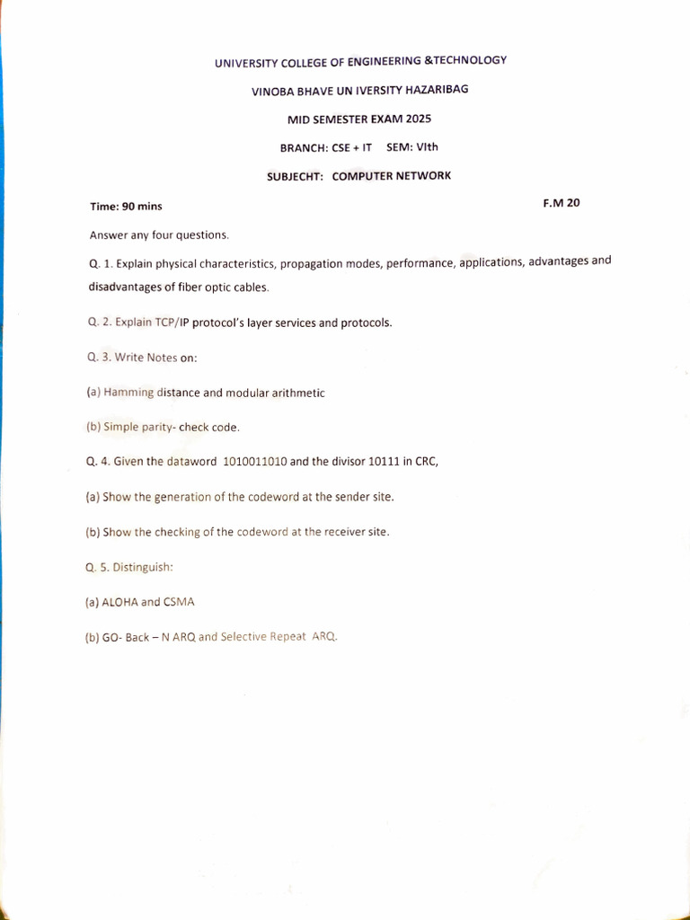 6th Sem CSE-IT CN 2025 Mid Sem Paper | PDF