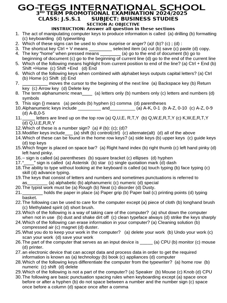 JSS1 THIRD TERM EXAMINATION QUESTION | PDF | Force | Natural Satellite