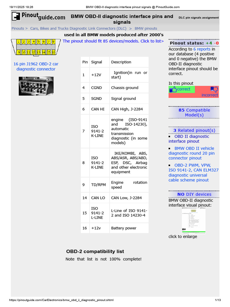 BMW OBD-II Diagnostic Interface Pinout Signals @ | PDF | Luxury Brands ...