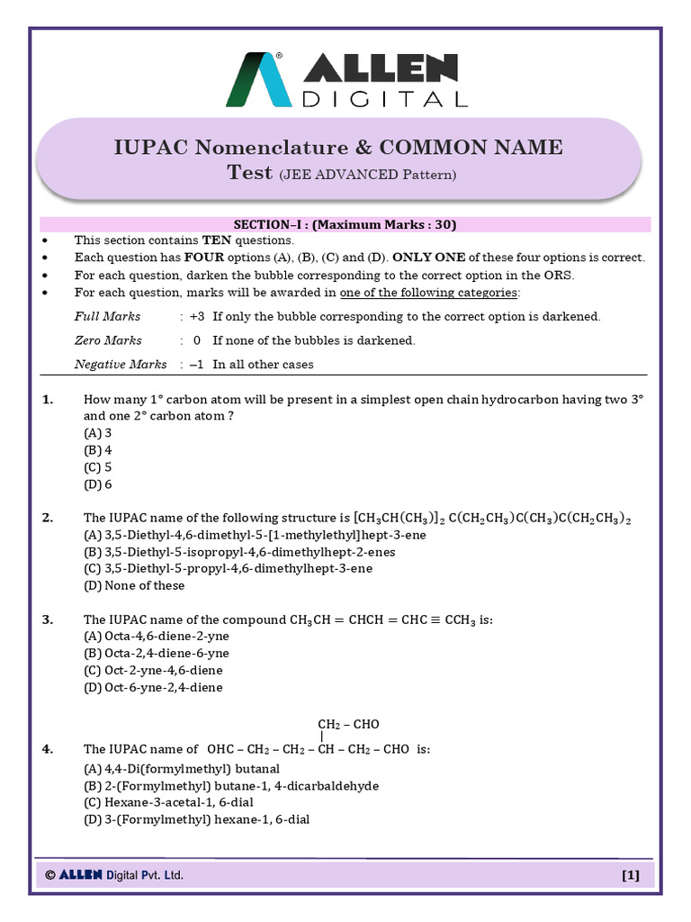 IUPAC Nomenclature Practice Test | PDF | Organic Chemistry | Chemistry
