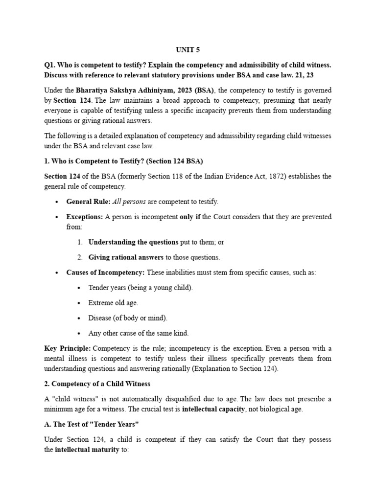 Unit 5 Evidence | PDF | Competence (Law) | Witness