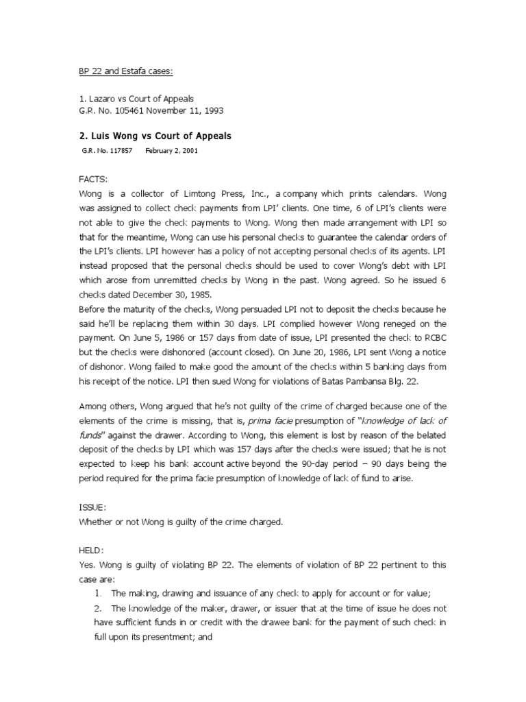 BP 22 and Estafa Cases - Reference | PDF | Cheque | Virtue