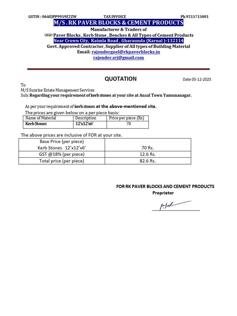 Quotation to AHL for Kerb Stones by RK PAVER BLOCKS & Cement Products | PDF