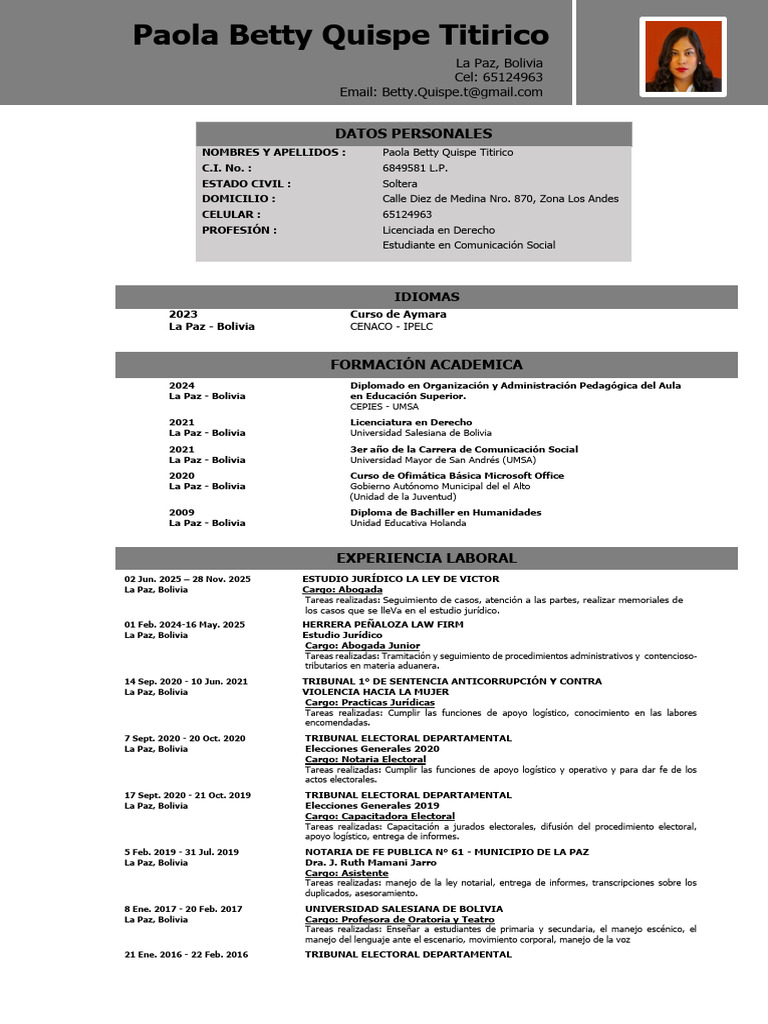 Curriculum Actualizado - Paola | PDF | Bolivia | Justicia