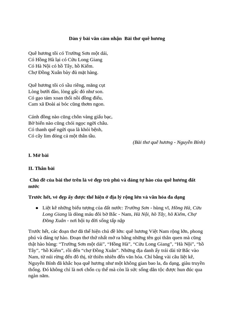 Dàn ý Bài thơ quê hương | PDF