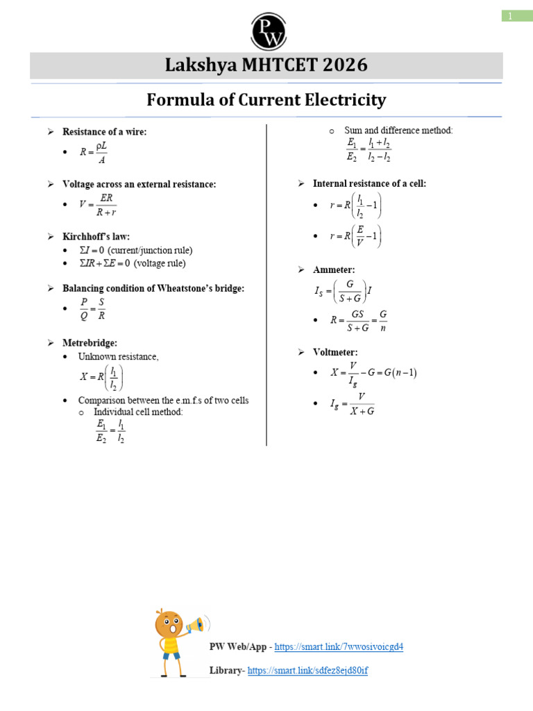 68bc766e2a32dfc290881311 ## Formula Sheet 28 Current Electricity | PDF ...
