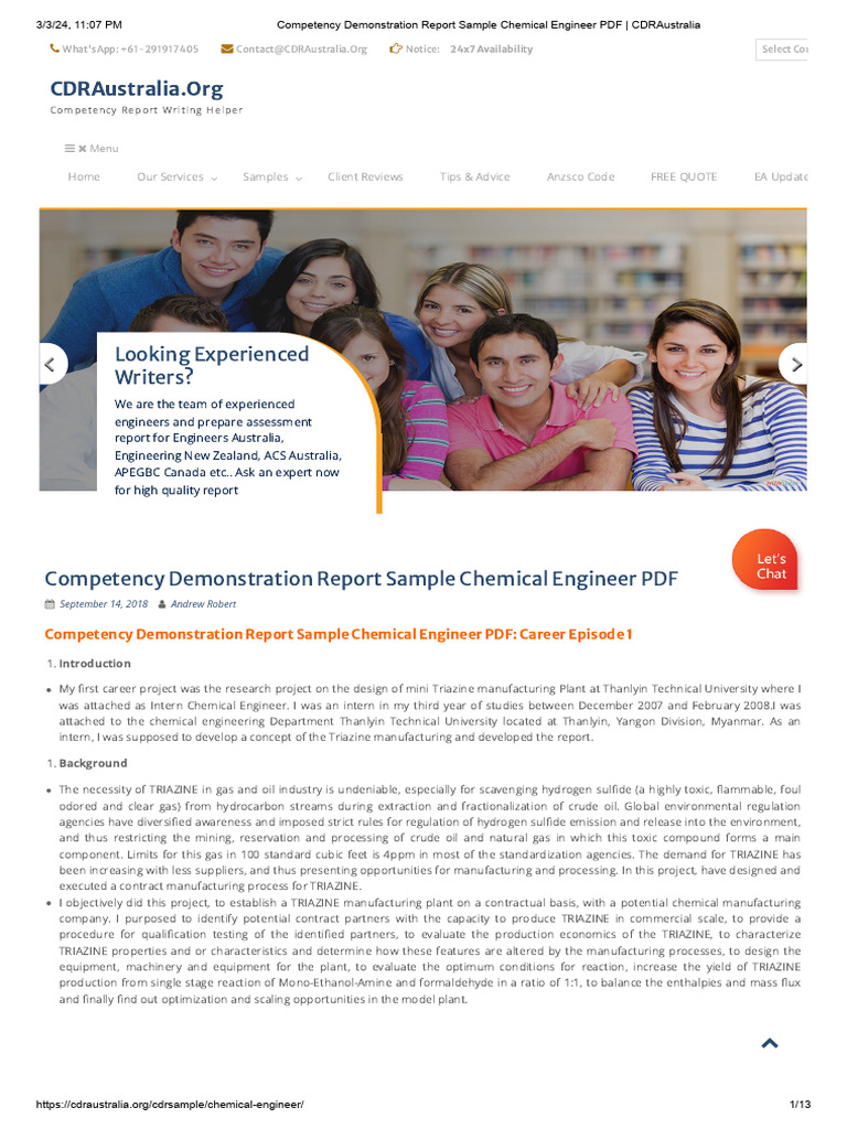 Competency Demonstration Report Sample Chemical Engineer PDF ...