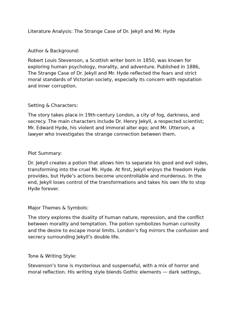 Jekyll and Hyde: A Literary Analysis | PDF
