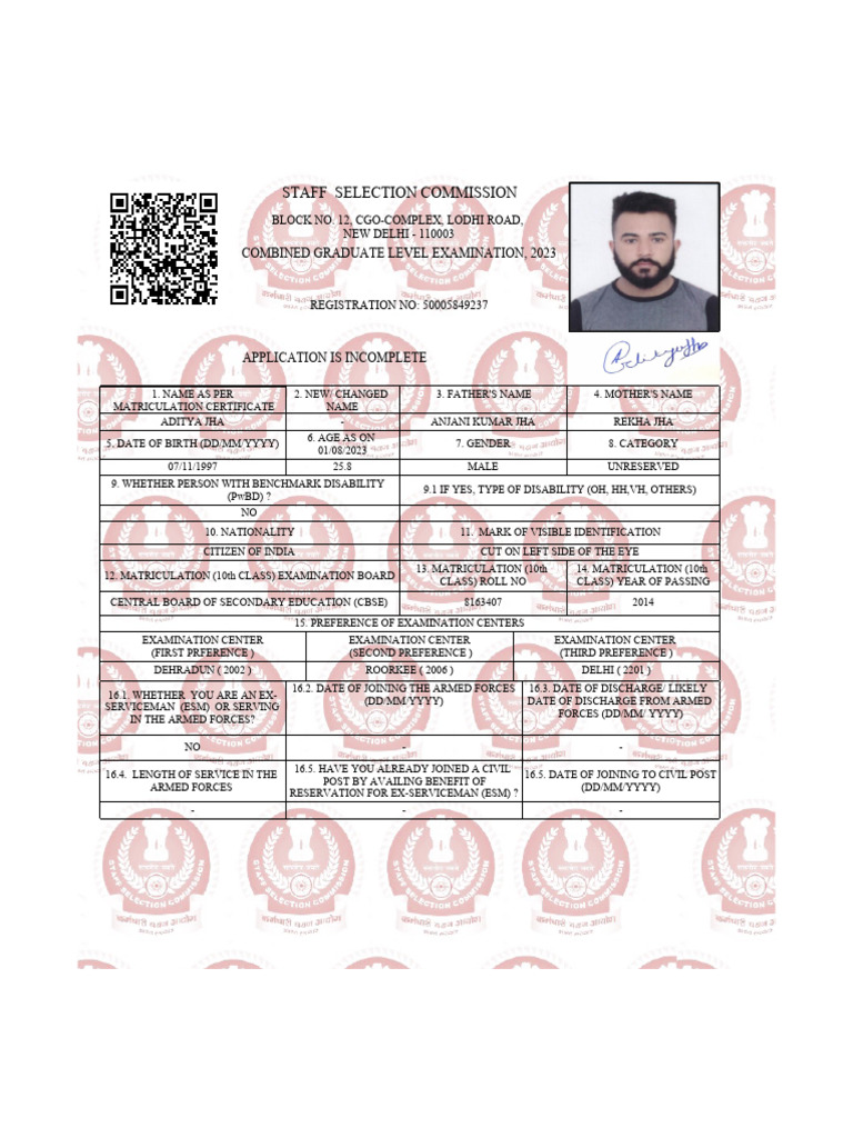 SSC CGL 2023 Incomplete Application Details | PDF