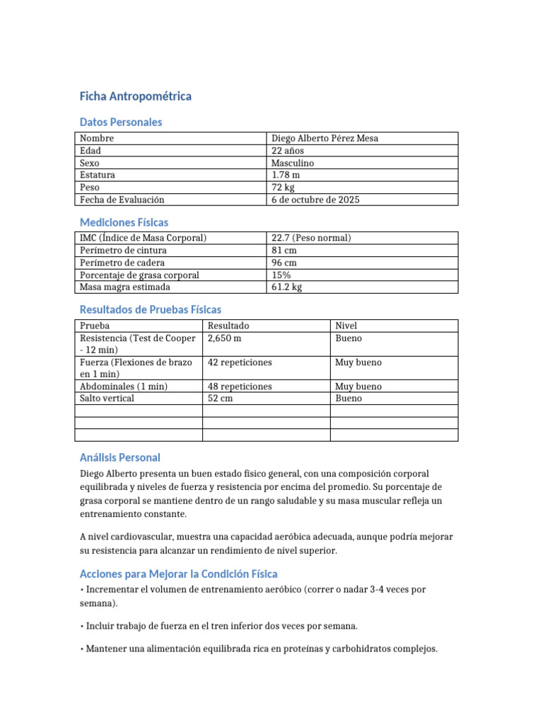 Ficha Antropometrica Diego Alberto Perez Mesa Tabla | PDF