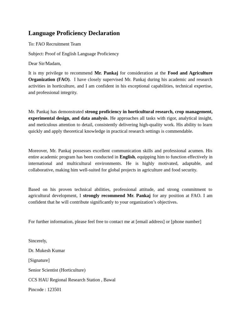 Language Proficiency Declaration: Mr. Pankaj Food and Agriculture ...