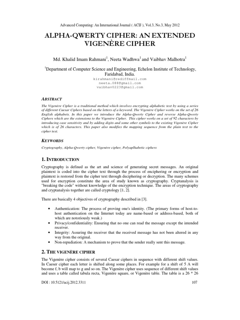 Alpha-Qwerty Cipher: Vigenère Extension | PDF | Cipher | Secrecy