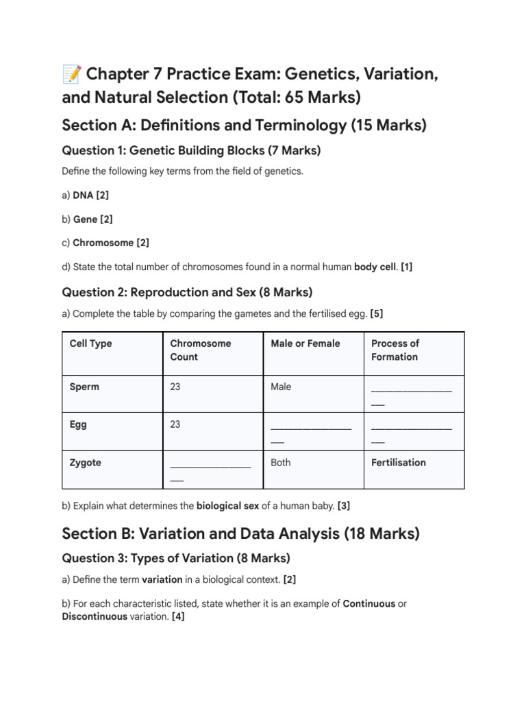 Genetics and Natural Selection Exam Guide | PDF | Genetics | Sex