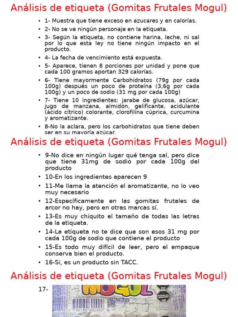 Análisis Nutricional Gomitas Mogul | PDF