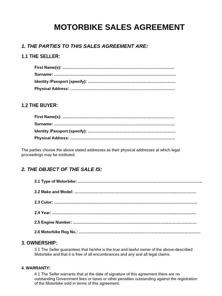Motorbike Sales Agreement Template | PDF | Business Law | Common Law