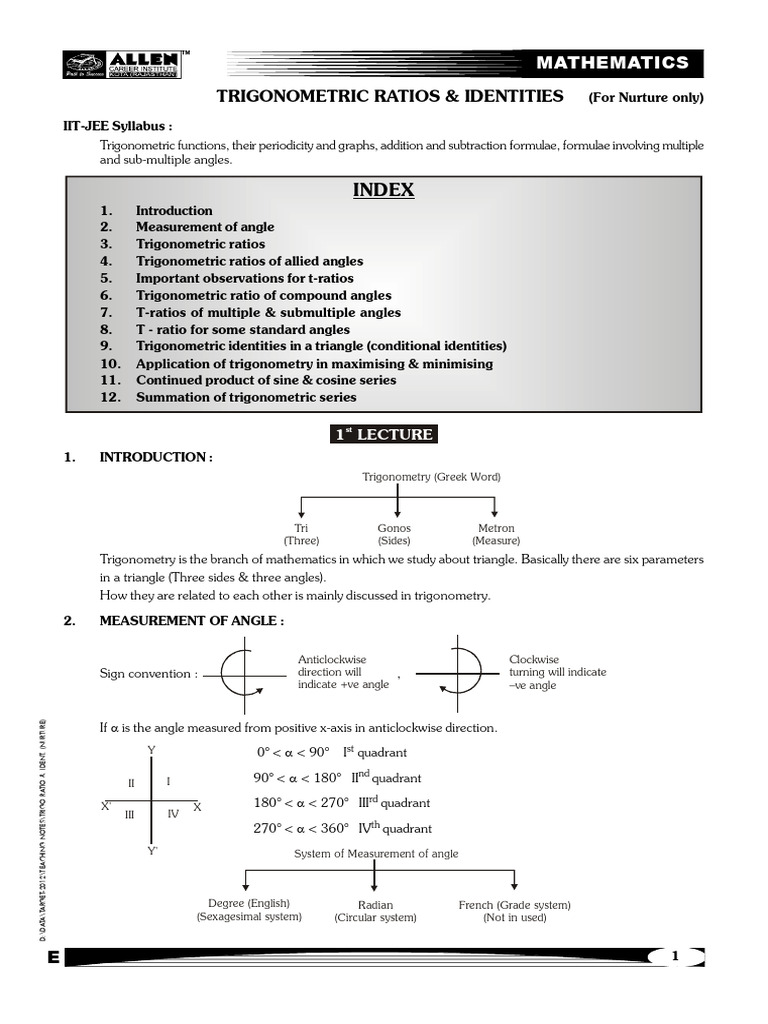 Trigonometric Ratios and Identities Guide | PDF | Trigonometry ...