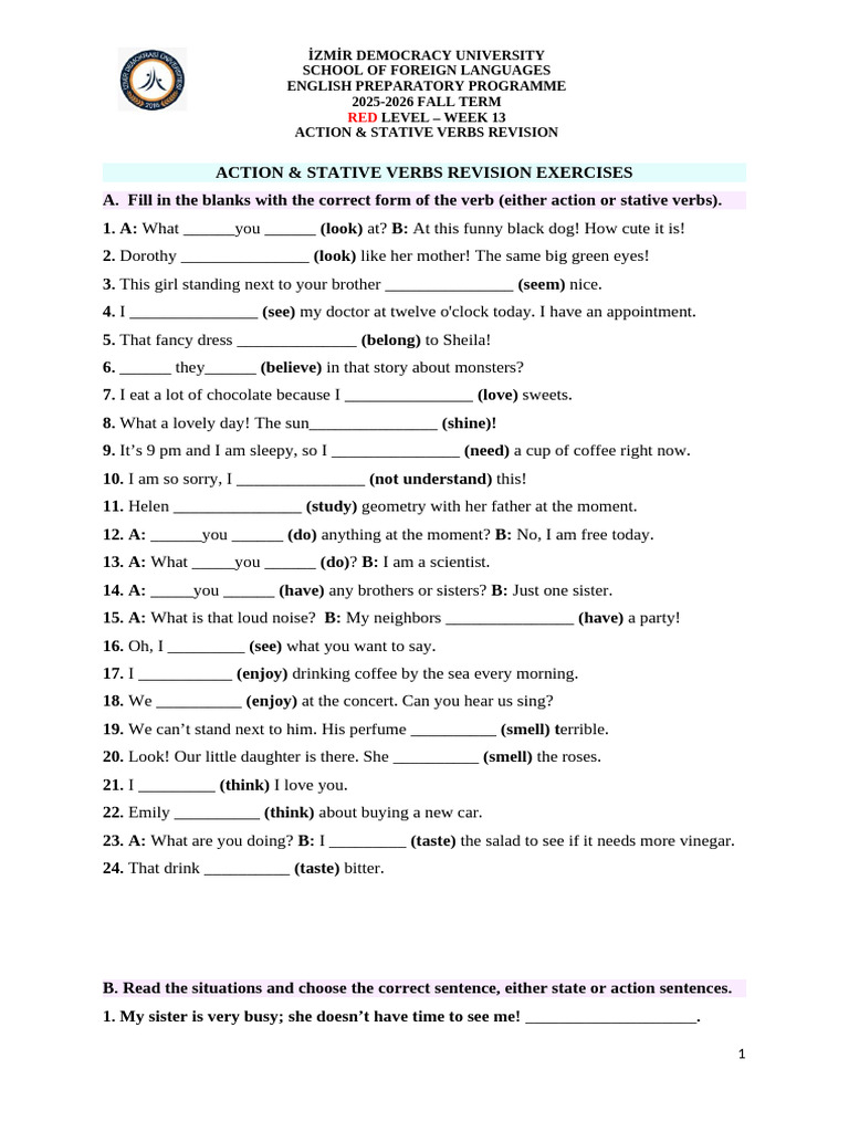 Action & Stative Verbs Revision Guide | PDF
