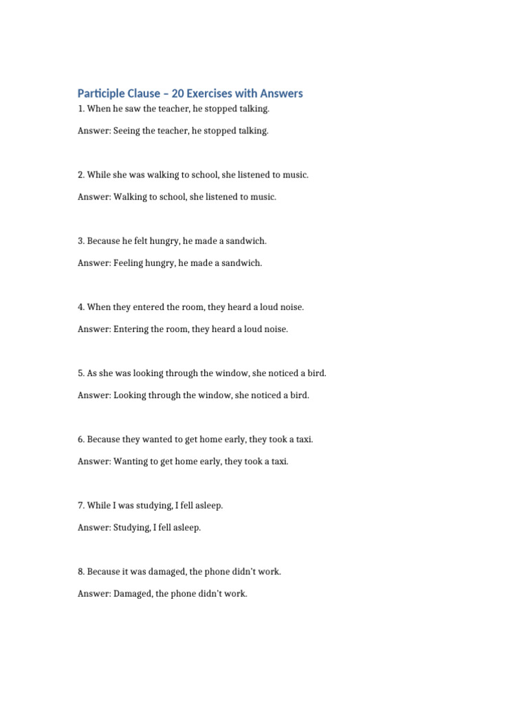 Participle Clause Exercises With Answers | PDF