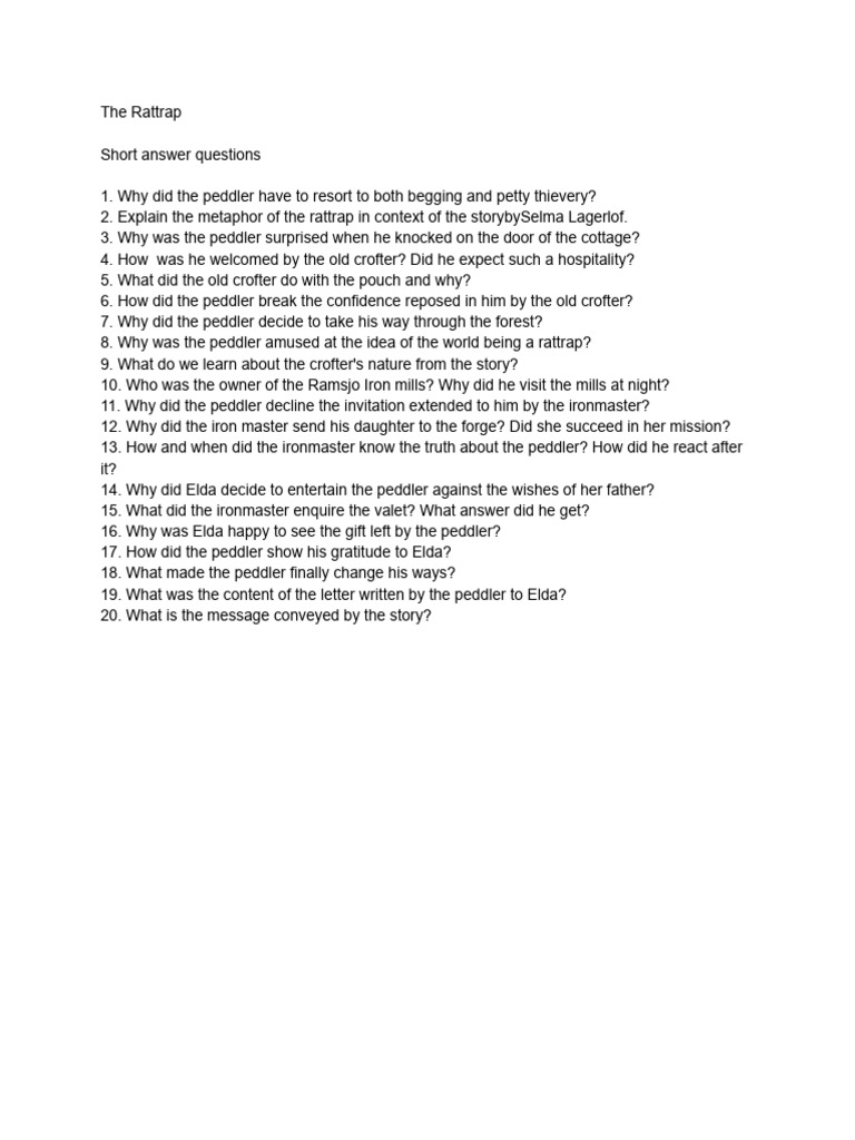 Rattrap Story Analysis Questions | PDF