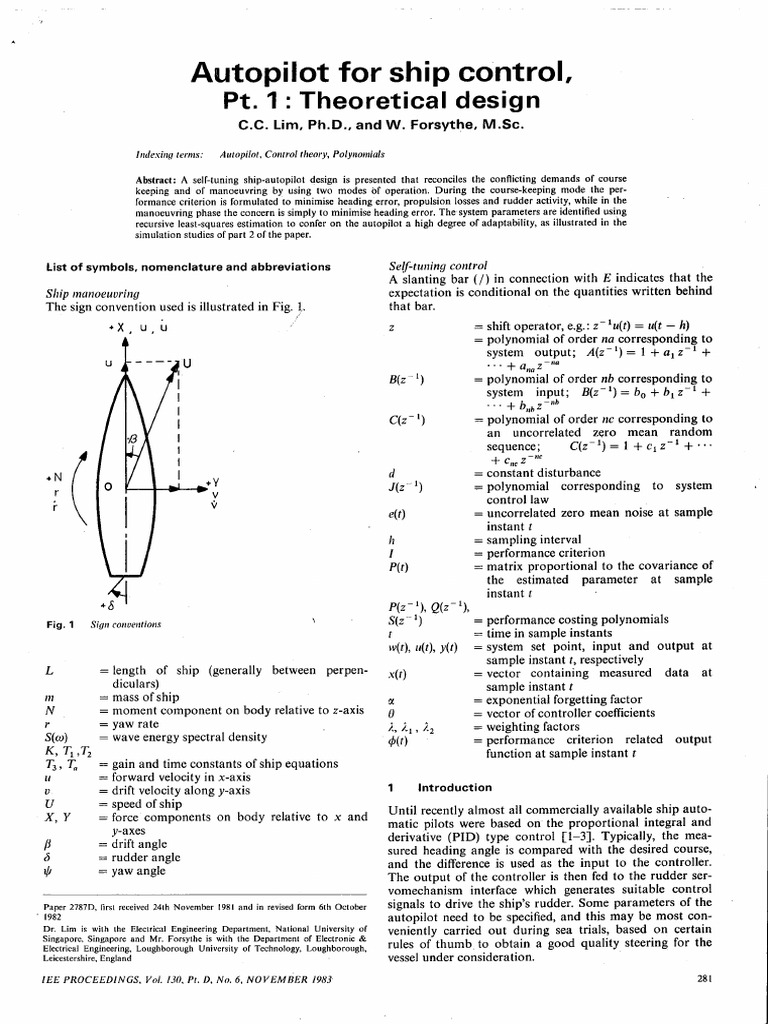 Autopilot for Ship Control Part 1 Theore | PDF | Control Theory | Rudder