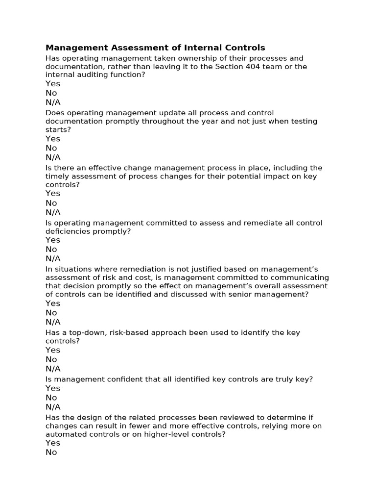 Internal Controls Management Assessment | PDF | Internal Control ...