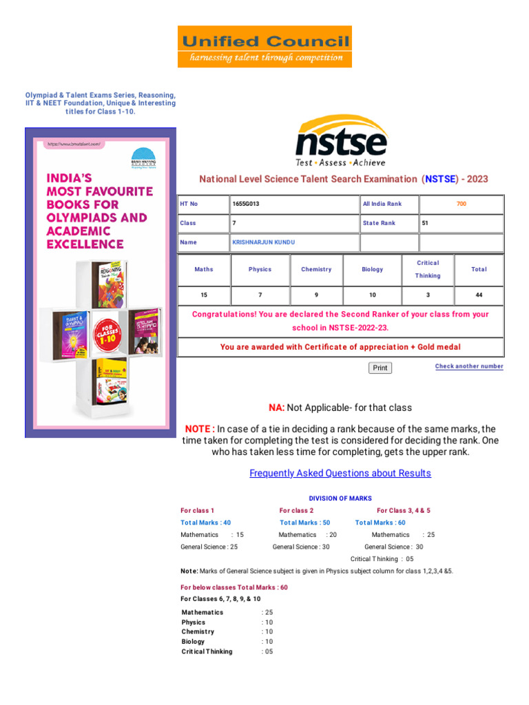 NSTSE 2023 Results & Marks Breakdown | PDF
