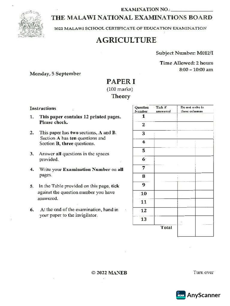 Agriculture Paper 1 Maneb 2022 081647 | PDF