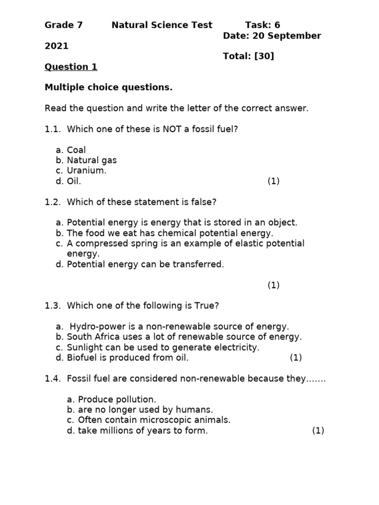 Grade 7 Natural Science Test Task | PDF | Energy Development | Electricity