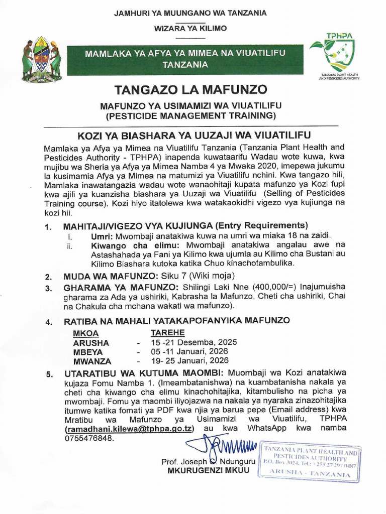Tangazo La Mafunzo Ya Usimamizi Wa Viuatilifu Kwa Wadau (Pesticides ...