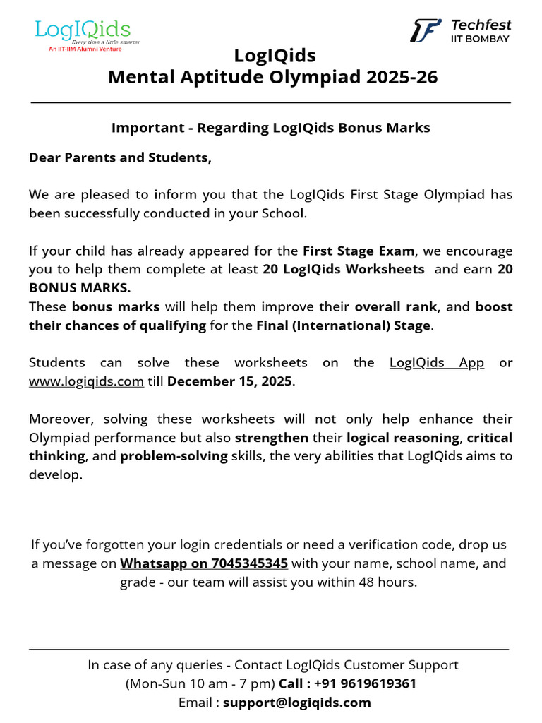 LogIQids Bonus Marks Circular (Final Reminder) | PDF