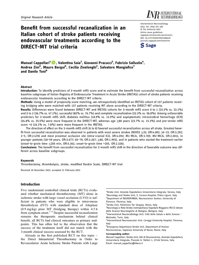 Benefit From Successful Recanalization in An Italian Cohort of Stroke ...