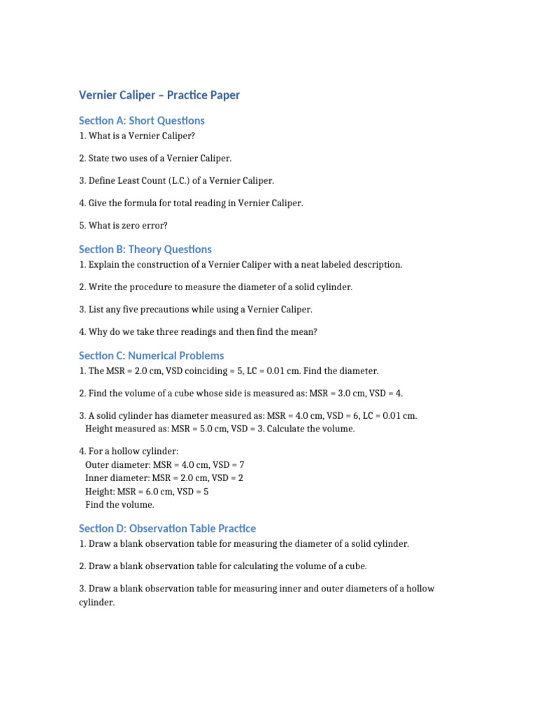 Vernier Caliper Practice Paper | PDF