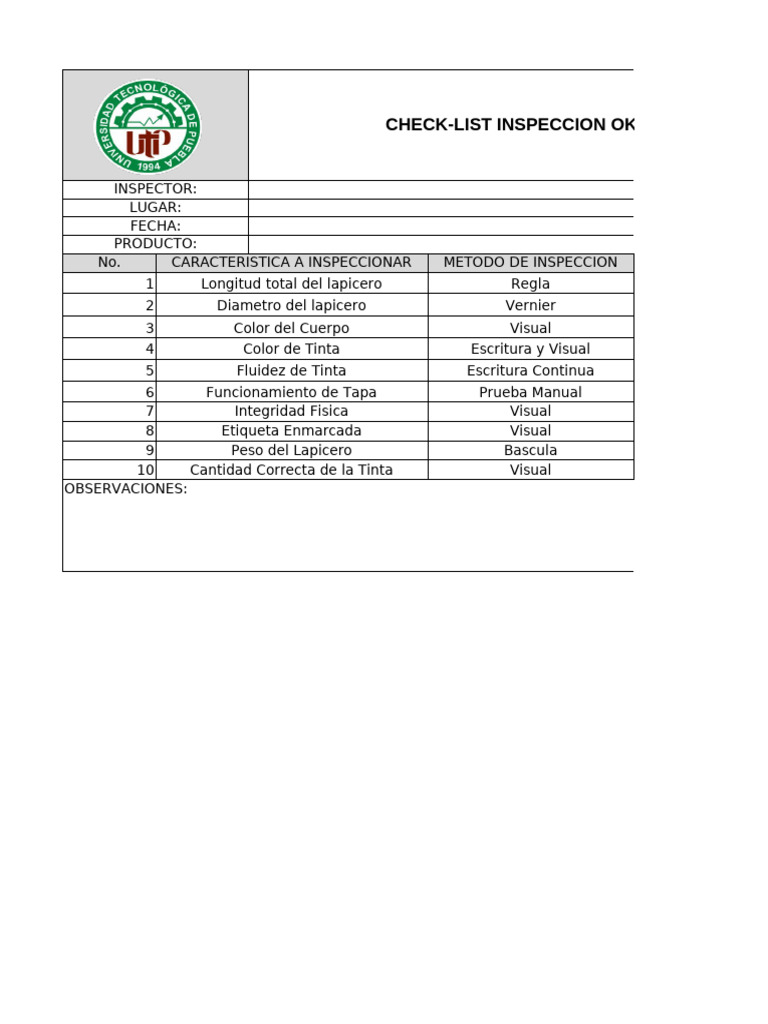 Checklist Inspeccion Ok Nok | PDF