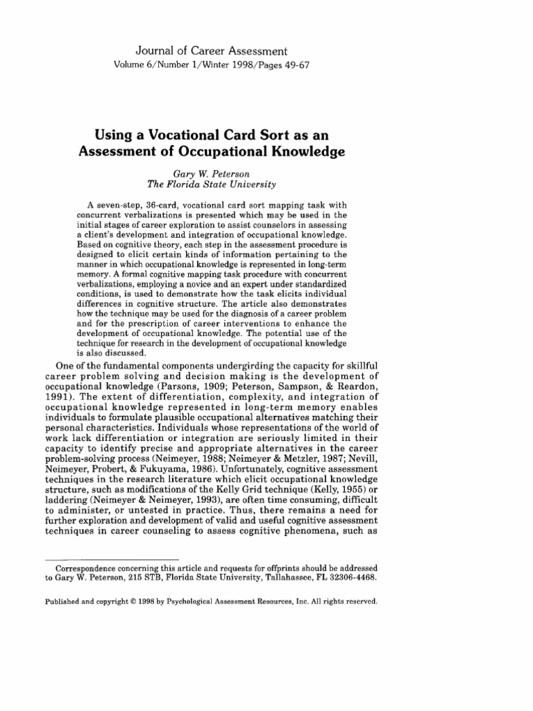 Peterson 1998 Using a Vocational Card Sort as an Assessment of ...