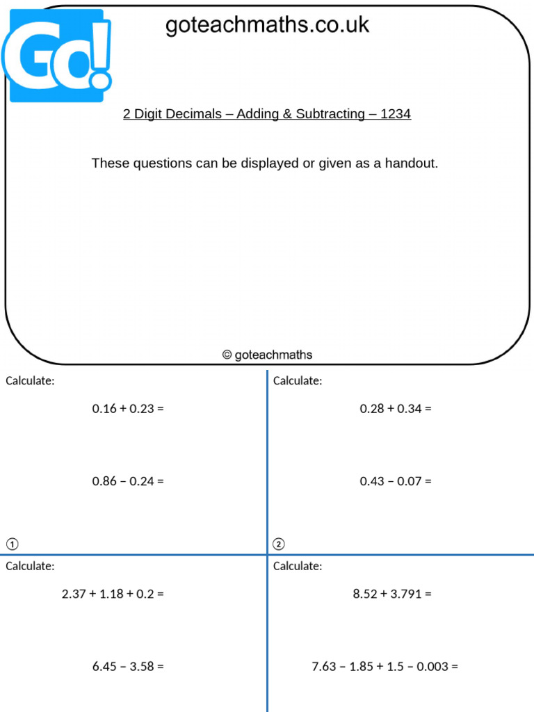 2 Digit Decimals Adding Subtracting 1234 | PDF