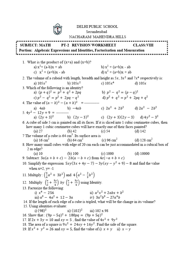 Math Revision Worksheet for Class VIII | PDF | Area | Volume