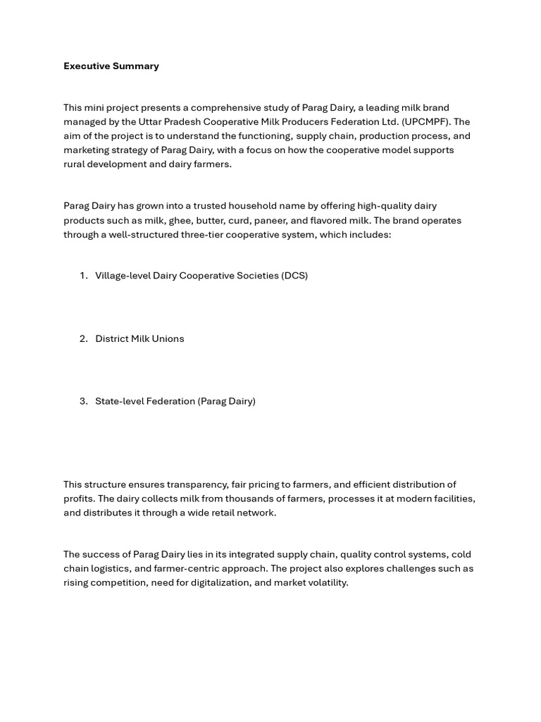 Parag dairy mini project | PDF | Dairy | Milk