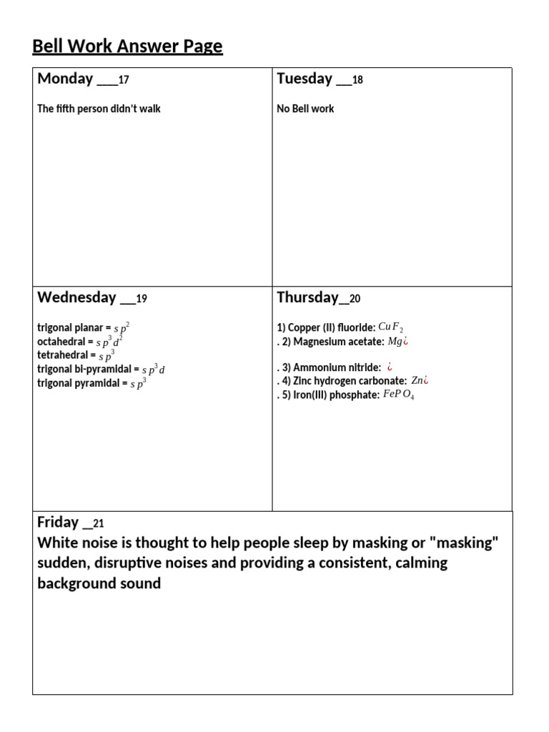 Weekly Bell Work Answers and Topics | PDF