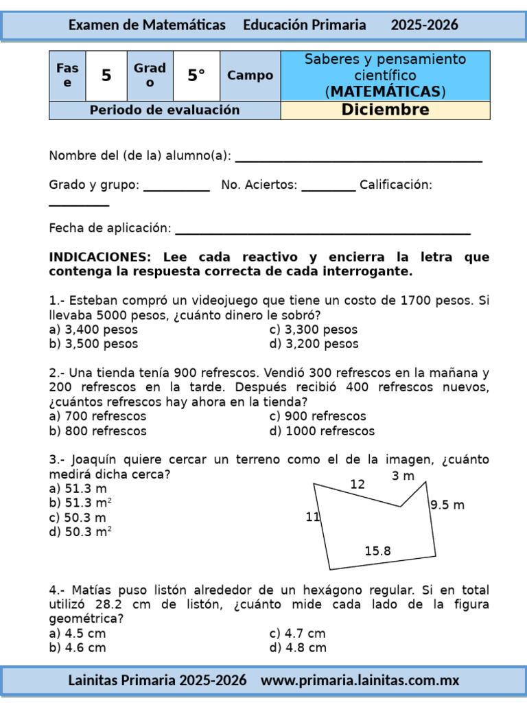 Examen de Matemáticas Primaria 2025-2026 | PDF | Matemáticas