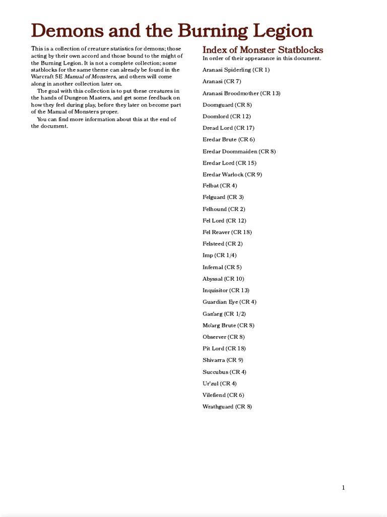 Demonic Creatures: Burning Legion Stats | PDF