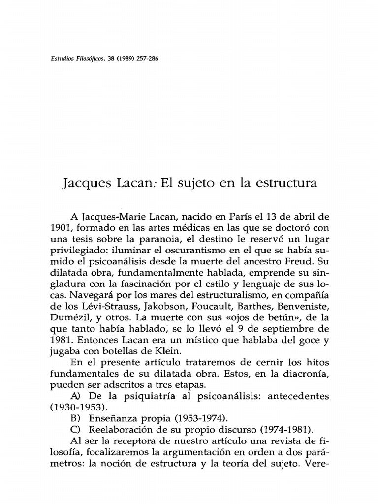 Jacques Lacan El Sujeto en La Estructura - Jose María & Limberg | PDF ...