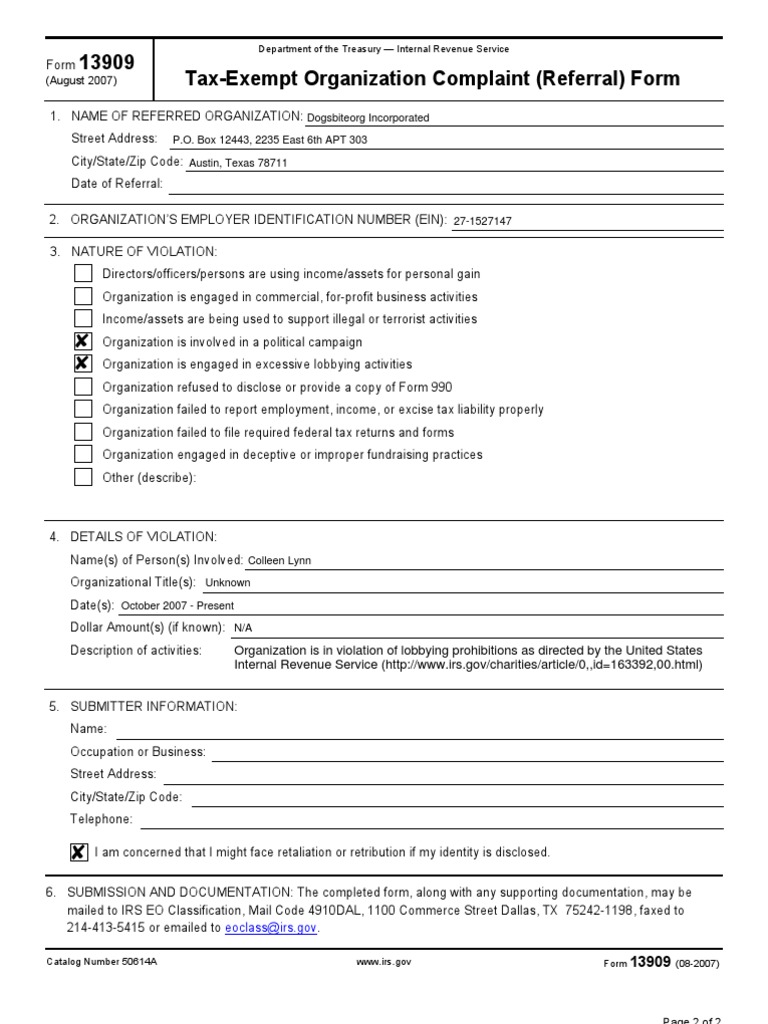 IRS Form 13909 | PDF | Internal Revenue Service | Social Security Number