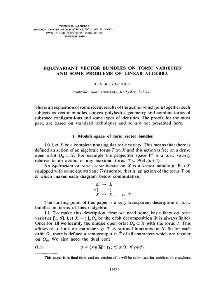 [Klyachko] Equivariant Vector Bundles on Toric Varieties and Some ...