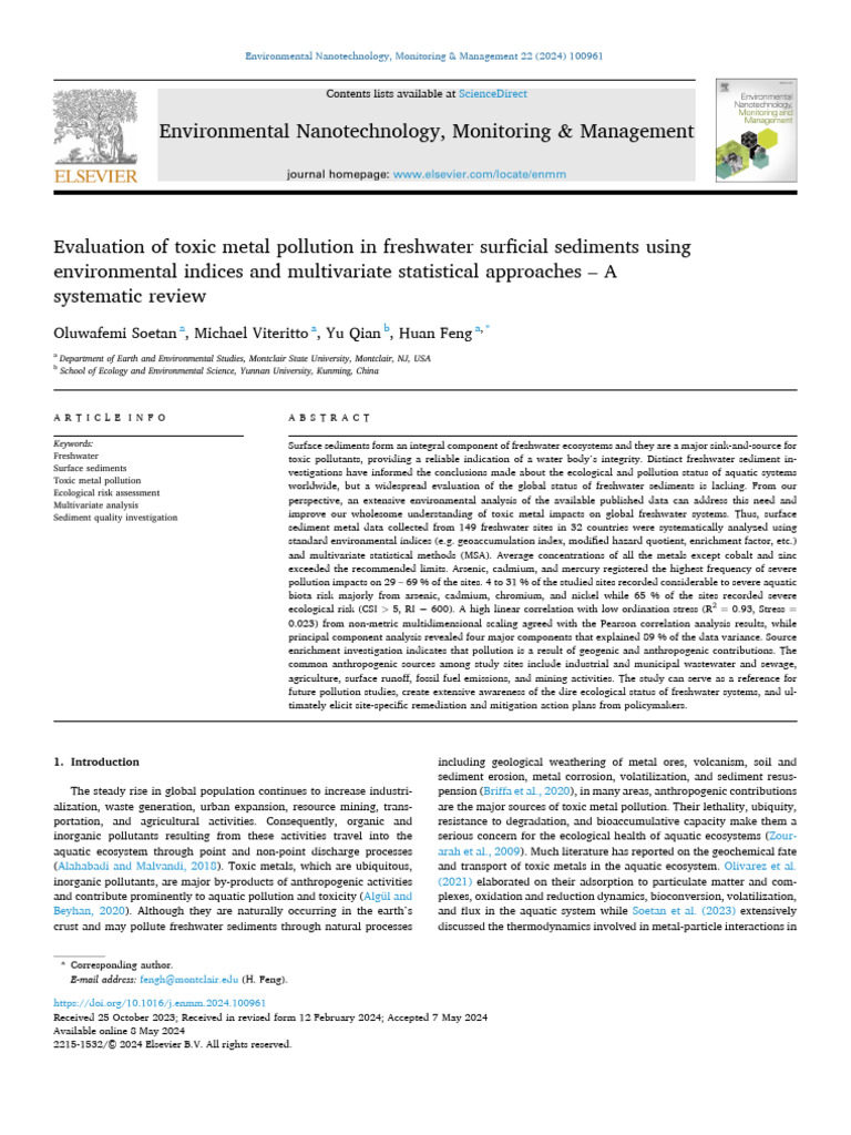 Evaluation of toxic metal pollution in freshwater surficial sediments ...