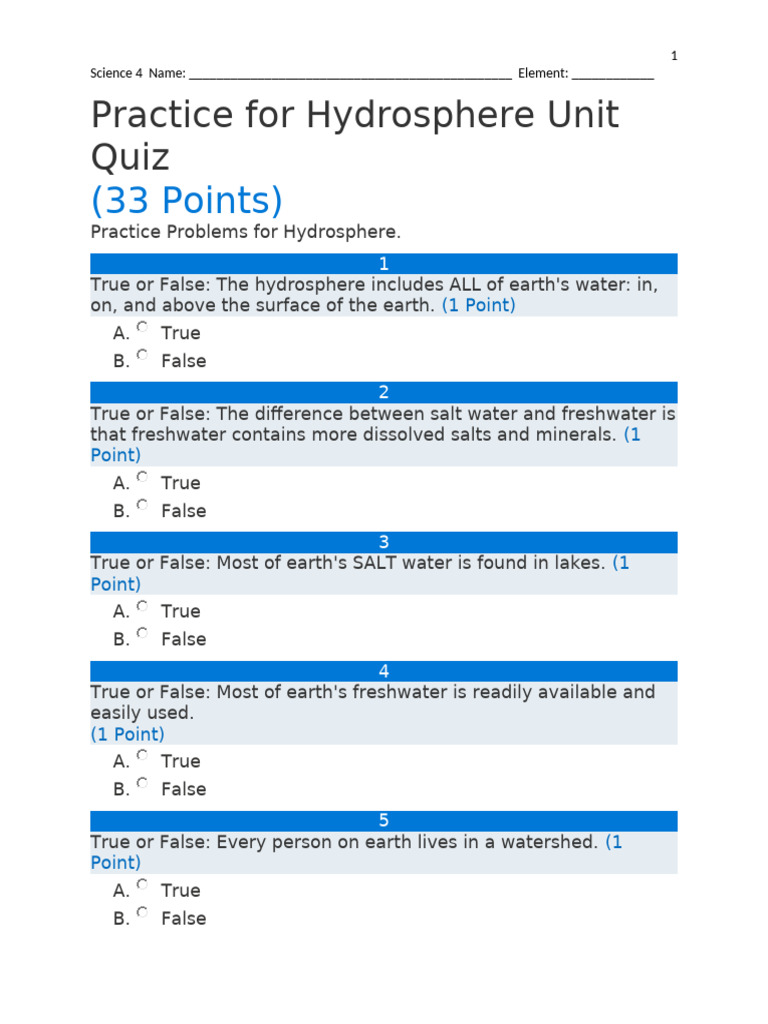 Hydrosphere Quiz Practice Questions | PDF | Water | Water Cycle