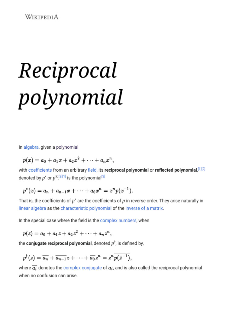 Reciprocal Polynomial - Wikipedia | PDF | Polynomial | Algebra