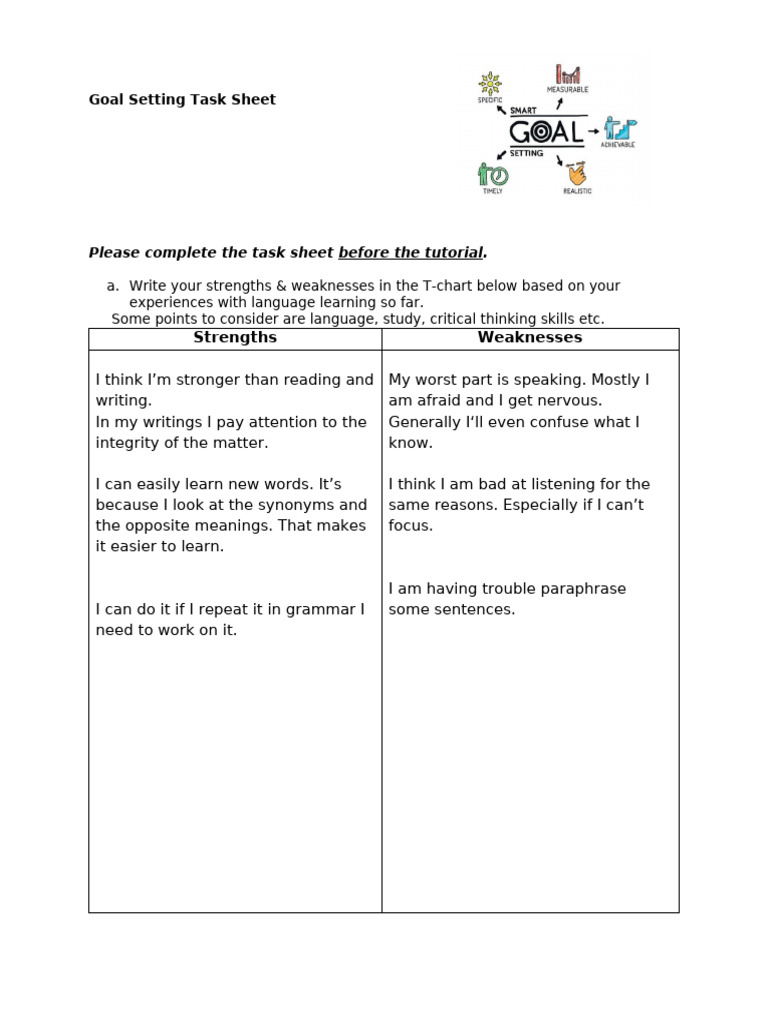 Goal Setting Task Sheet | PDF