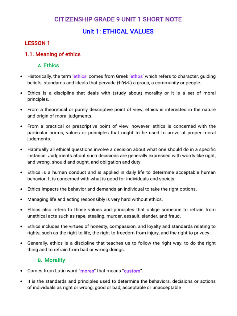 Citizenship Grade 9 Unit 1 Short Note (1) | PDF | Morality | Integrity